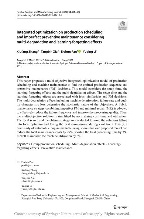 Integrated Optimization On Production Scheduling And Imperfect Preventive Maintenance