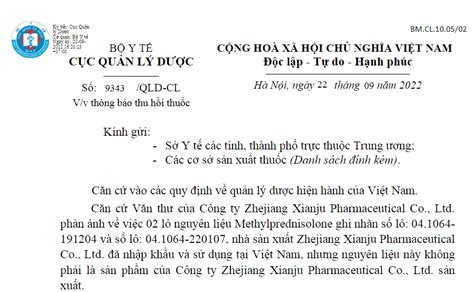 Thông báo V v thu hồi các lô thuốc được sản xuất từ 02 lô nguyên liệu Methyprednisolone