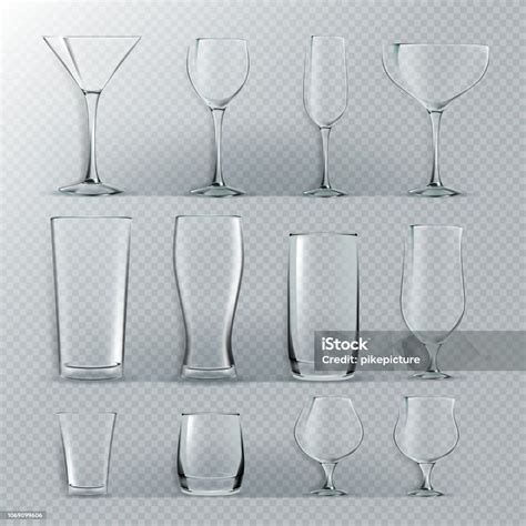 투명 한 유리는 벡터를 설정합니다 투명 한 빈 주스 칵테일 음료 물 알코올에 대 한 받침 달린 컵을 유리 현실적인 밝은 그림 유리잔에 대한 스톡 벡터 아트 및 기타 이미지