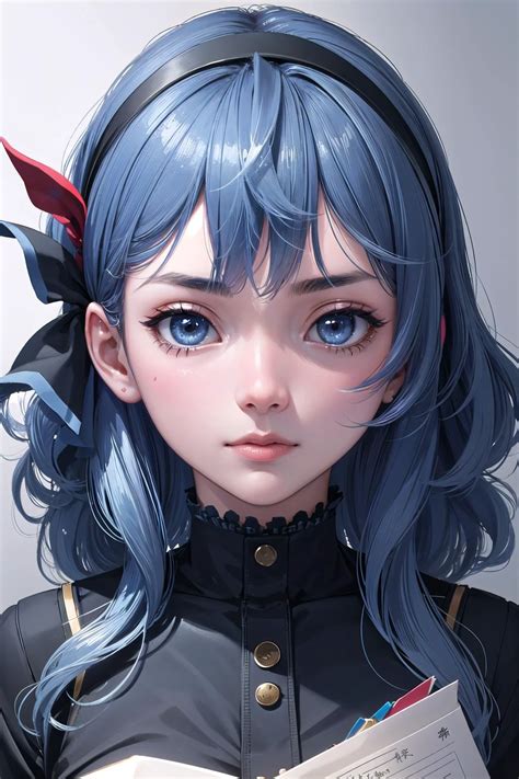 파란 머리와 책을 가진 애니메이션 소녀 Seaart Ai