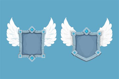 돌 방패 보석과 날개가 있는 프레임은 배경에 격리된 만화 스타일의 게임 보상 보드입니다 매직 로얄 자산 템플릿입니다 벡터 그림 마술사에 대한 스톡 벡터 아트 및 기타 이미지