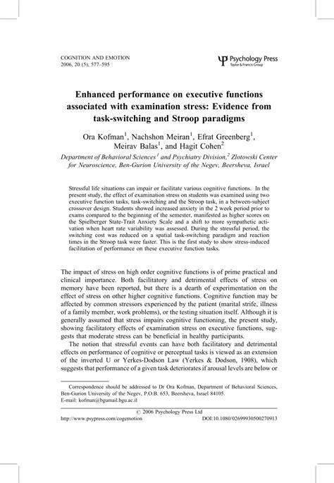 Pdf Enhanced Performance On Executive Functions Associated With