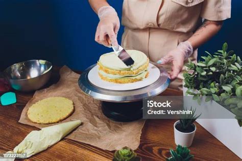 요리 주걱을 사용하여 흰색 크림과 비스킷 케이크를 만드는 여성의 손 가정 주방에 대한 스톡 사진 및 기타 이미지 가정 주방