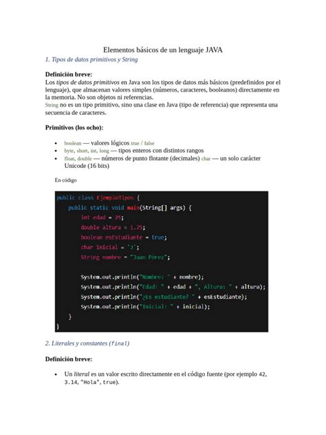 Elementos Clave Del Lenguaje Java Pdf Tipo De Datos Java