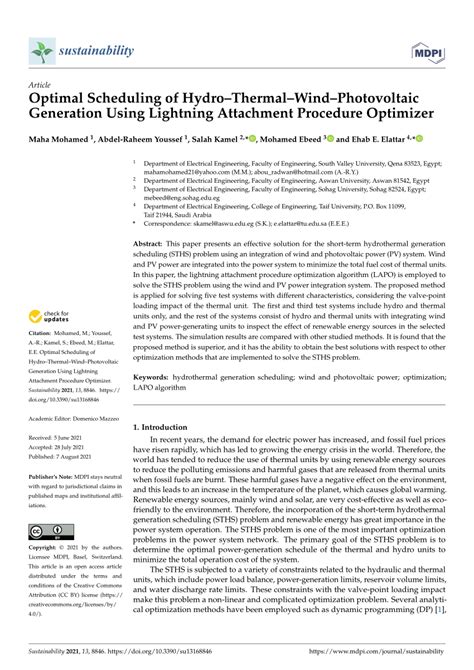 Pdf Optimal Scheduling Of Hydrothermalwindphotovoltaic Generation Using Lightning