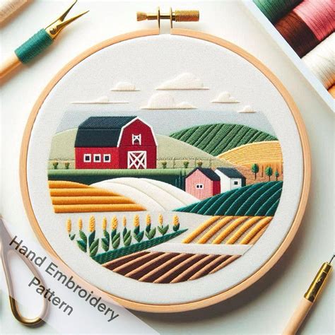 Landscape Embroidery Pattern Abstract Fields And Flowers Hand