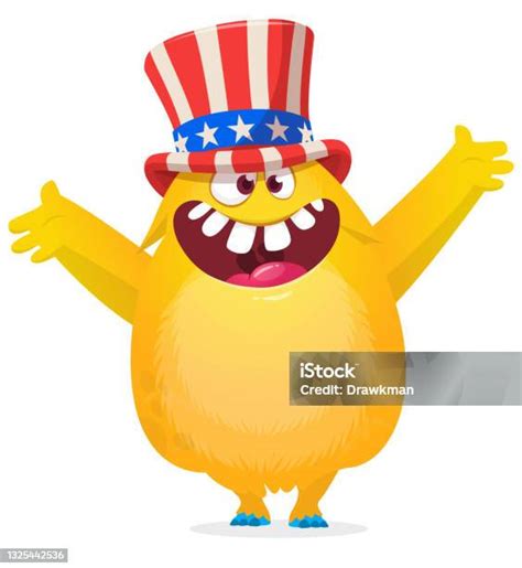 미국 독립 기념일에 미국 삼촌 샘 모자를 입고 만화 재미있는 괴물 외계인 생물 캐릭터의 벡터 그림 0명에 대한 스톡 벡터 아트 및 기타 이미지 Istock