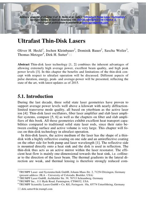 Pdf Ultrafast Thin Disk Lasers