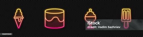 그릇에 아이스크림을 놓고 와플 콘 케이크 및 빛나는 네온 아이콘입니다 벡터 공휴일에 대한 스톡 벡터 아트 및 기타 이미지 공휴일 꽃병 끈적거리는 Istock