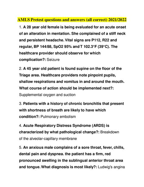 Amls Pretest Questions And Answers 2022 Exams Nursing Docsity