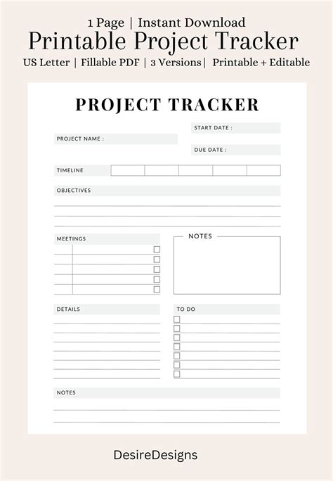 Printable Project Tracker Project Management Template Etsy