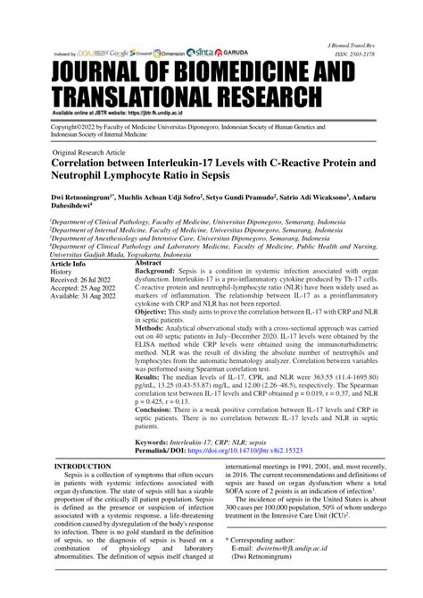 Pdf Correlation Between Interleukin 17 Levels With C Reactive Protein And Neutrophil