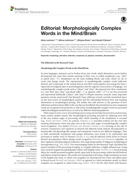 Pdf Editorial Morphologically Complex Words In The Mindbrain
