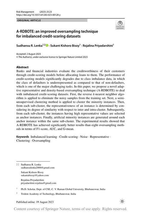 A Rdbote An Improved Oversampling Technique For Imbalanced Credit Scoring Datasets