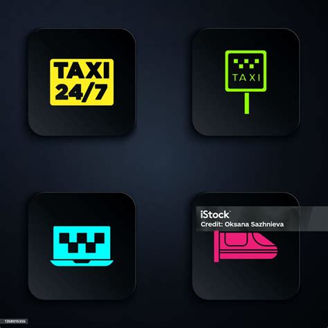 고속 열차 택시 노트북 통화 서비스 및 스탠드도로 표지판을 갖춘 위치를 설정합니다 검은 색 사각형 버튼 벡터 Brand Name