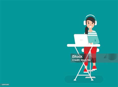 노트북과 테이블에 행복 프리랜서 소녀 집에서 창조적 인 힙스터 작업 플랫 벡터 일러스트레이션 경영자에 대한 스톡 벡터 아트 및 기타 이미지 Istock