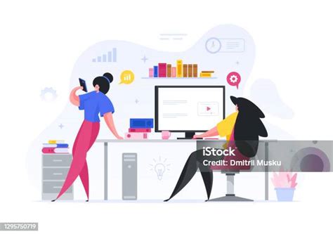 통계를 하고 웨비나 만화 일러스트레이션을 조정하는 사람들 사무실의 여성 캐릭터는 온라인 강의를 방문하는 일정을 분석합니다 개념에