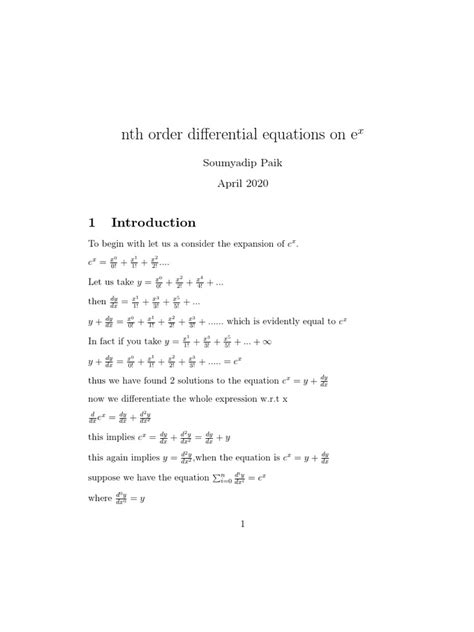 Nth Order Differential Equations On E Pdf Equations Mathematical