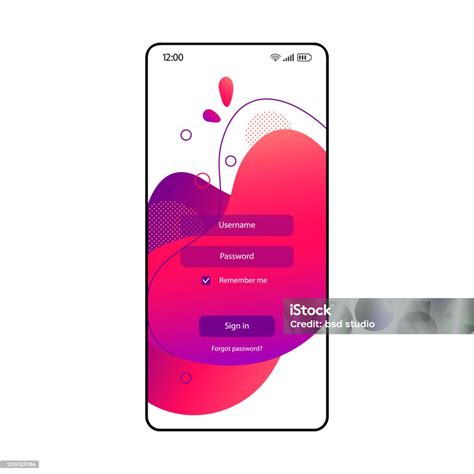 로그인 페이지 스마트 폰 인터페이스 벡터 유체 템플릿 암호 및 사용자 이름 필드와 모바일 응용 프로그램 분홍색과 보라색 그라데이션 디자인 레이아웃 거품이있는 휴대 전화 승인