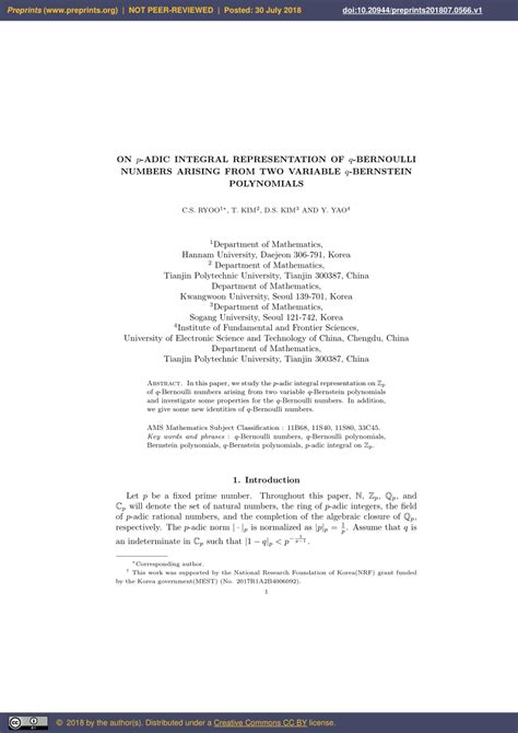 Pdf On P Adic Integral Representation Of Q Bernoulli Numbers Arising From Two Variable Q