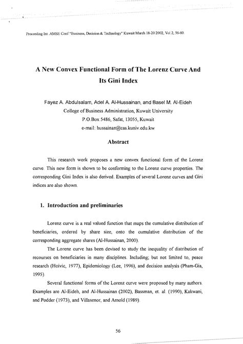 Pdf A New Convex Functional Form Of The Lorenz Curve And Its Gini Index