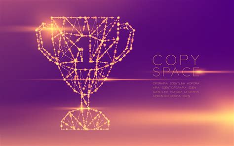 트로피 컵 한 모양 와이어 프레임 다각형 미래 Bokeh 빛 프레임 구조와 렌즈 플레어 비즈니스 우승자 개념의 디자인 일러스트 레이 션의 공간 보라색 그라디언트 배경에 고립