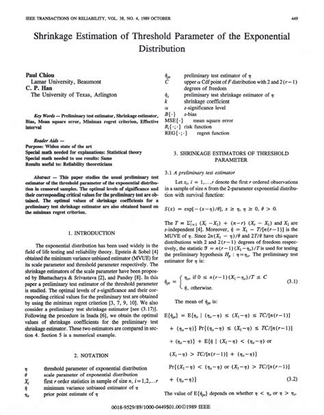 Pdf Shrinkage Estimation Of Threshold Parameter Of The Exponential Distribution Reliability