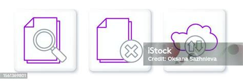 라인 클라우드 다운로드 및 업로드 검색이 포함된 문서 및 파일 문서 삭제 아이콘을 설정합니다 벡터 0명에 대한 스톡 벡터 아트