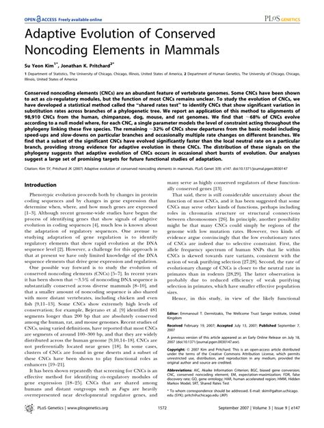 Pdf Adaptive Evolution Of Conserved Noncoding Elements In Mammals