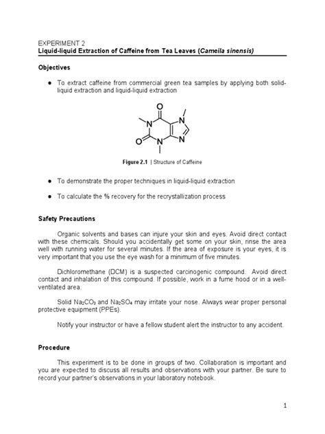 Ocfe Lab Expt 2 Liquid Liquid Extraction Of Caffeine From Tea Leaves Pdf