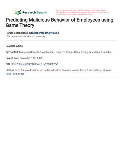 Pdf Predicting Malicious Behavior Of Employees Using Game Theory