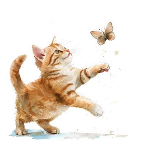 A Playful Cat Chasing A Butterfly Painted In Whimsical Watercolor