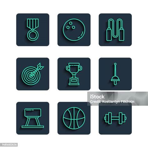 세트 라인 폼멜 말 농구 공 덤벨 줄넘기 수상 컵 화살표 메달 및 펜싱 아이콘이있는 대상 벡터 건강한 생활방식에 대한 스톡 벡터 아트 및 기타 이미지 Istock