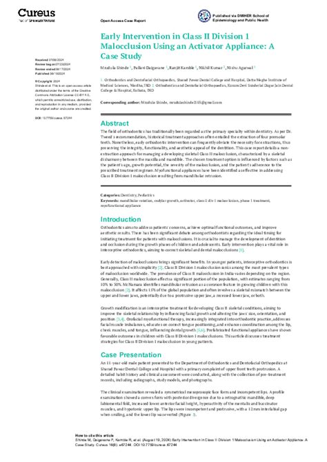 Pdf Early Intervention In Class Ii Division 1 Malocclusion Using An Activator Appliance A
