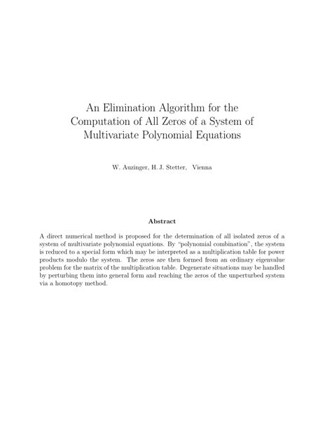 Pdf An Elimination Algorithm For The Computation Of All Zeros Of A System Of Multivariate