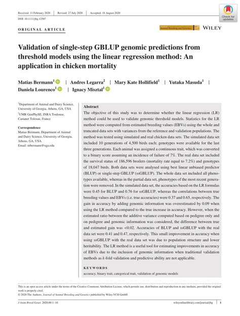 Pdf Validation Of Single Step Gblup Genomic Predictions From