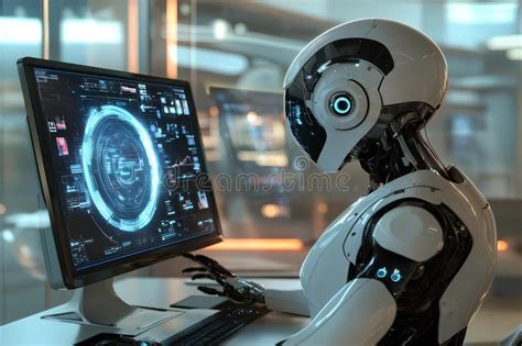 Ai Powered The Robot Is Assisting The Person With Work Tasks On A Sleek