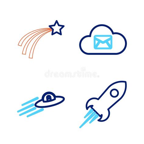 Set Line Rocket Ship With Fire Ufo Flying Spaceship And Alien Cloud Mail Server And Falling