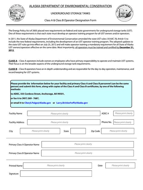 Class Ab Facility Operator Designation Form Alaska Department Of Dec