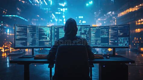 Hacker In Dark Room With Multi Screen Setup And Digital Code Display