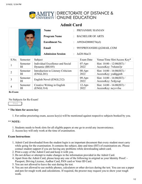 Admit Card Priyanshu Ranjan BA Semester III Exams