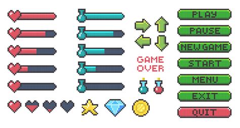 Dibujos Animados Color Píxel Juego Ui Botón Icono Colocar Vector