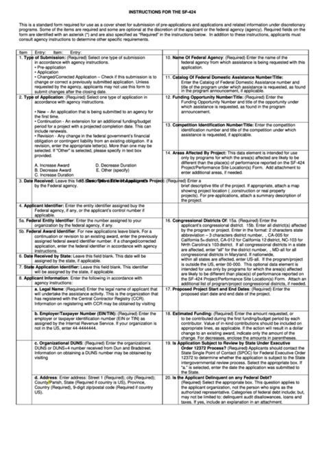 Instructions For The Sf 424 Form Printable Pdf Download
