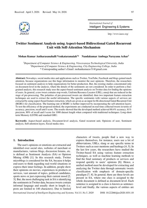 Pdf Twitter Sentiment Analysis Using Aspect Based Bidirectional Gated