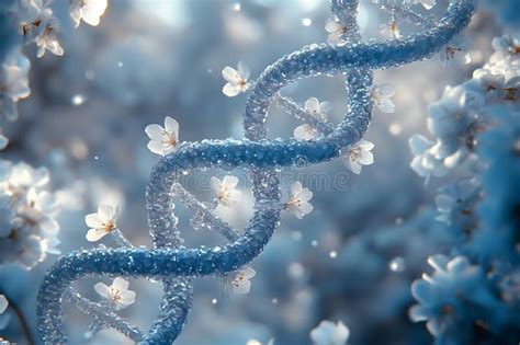 Stunning Dna Strand With Delicate Cherry Blossoms In A Dreamy Blue Spring Scene Stock