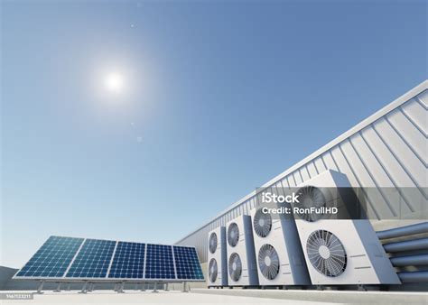 옥상에 태양 전지판 응축기 장치 또는 압축기에 있는 광전지의 3d 렌더링 미래를 위한 시스템 기술로 에코 빌딩 전력 또는 직류