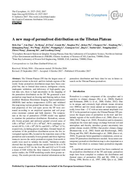 Pdf A New Map Of Permafrost Distribution On The Tibetan Plateau