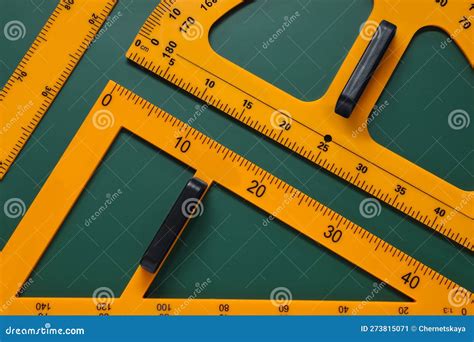 Protractor Triangle And Ruler On Green Chalkboard Flat Lay Stock Image Image Of Education
