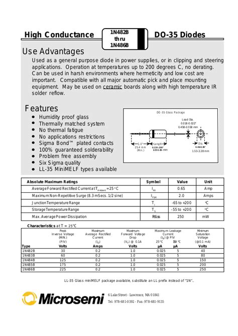 Datasheet Ll486b Ll485b Ll484b Ll483b Ll482b Datasheet Microsemi Corporation
