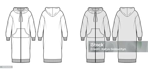 드레스 지퍼 업 후드 기술 패션 일러스트 와 긴 소매 캥거루 파우치 리브 커프 오버사이즈 무릎 스커트 0명에 대한 스톡 벡터 아트 및 기타 이미지 Istock